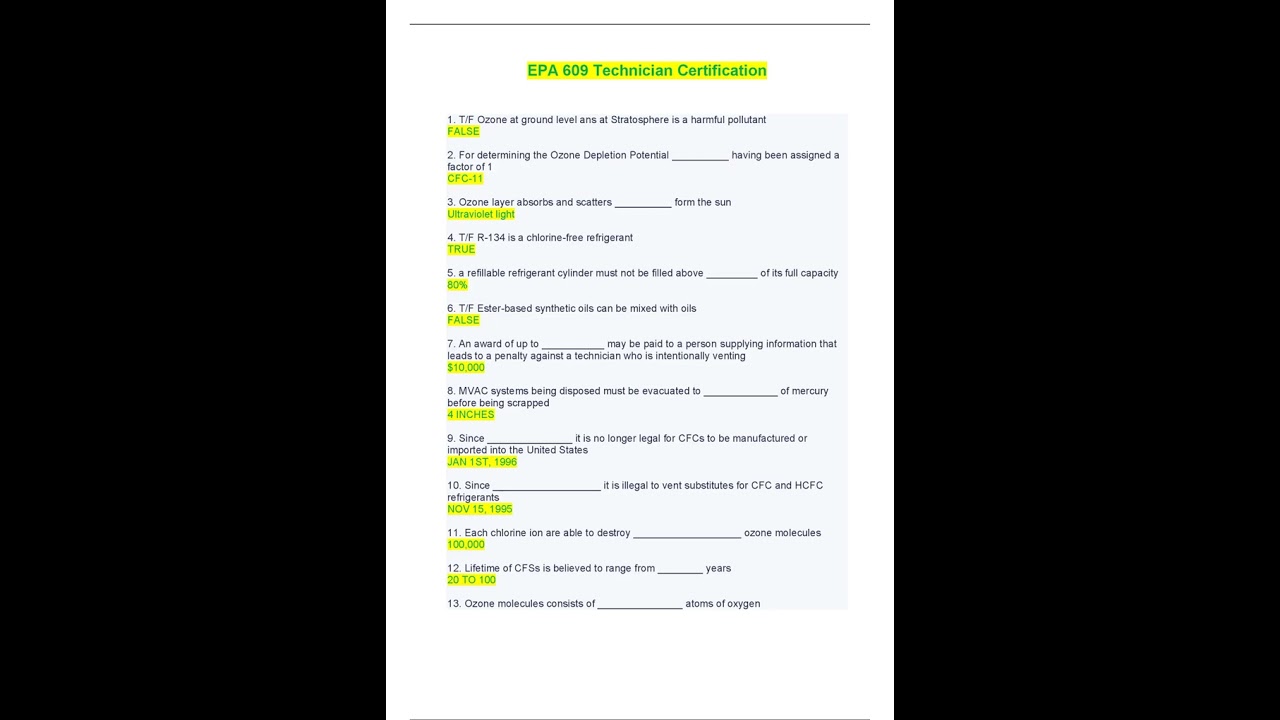 EPA 609 Technician Certification Exam 120 Questions and Answers