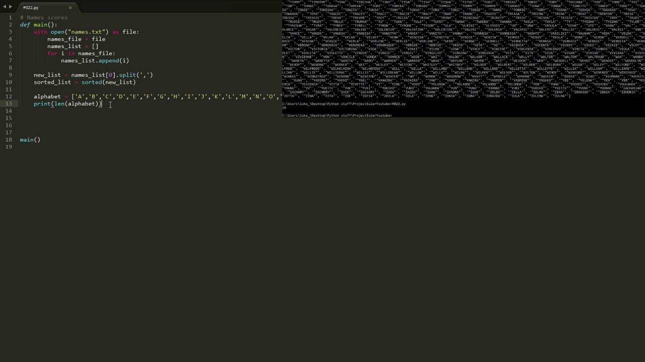 Python Beginner tutorial series using project Euler #22 - Names scores