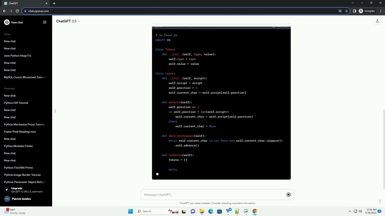 Javascript lexer tokenizer in Python