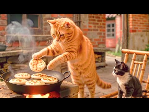 Ibu kucing masak makanan untuk anaknya_Cat