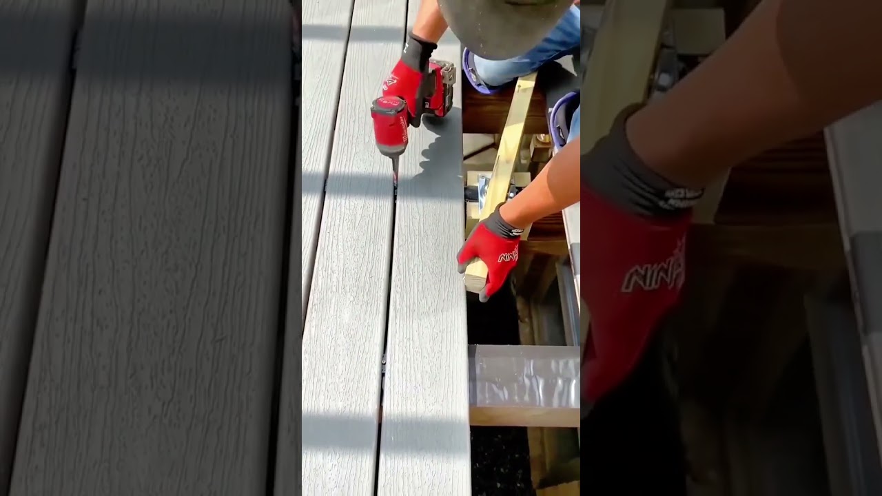 Installing composite decking boards using power drill and spacer alignment tool
