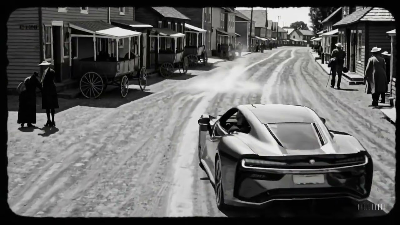 OpenAI Sora AI Video: A 2020 car driving down an 1850s town road, filmed like an early 1900s movie