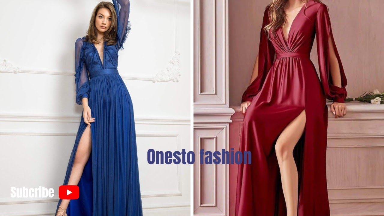Cinderella V-Neck Long Sleeve High Slit A-Line Gown.