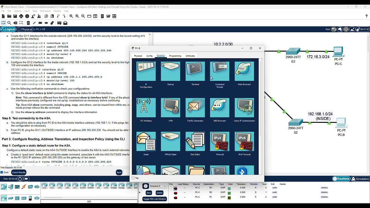21.7.5 Packet Tracer   Configure ASA Basic Settings and Firewall Using the CLI