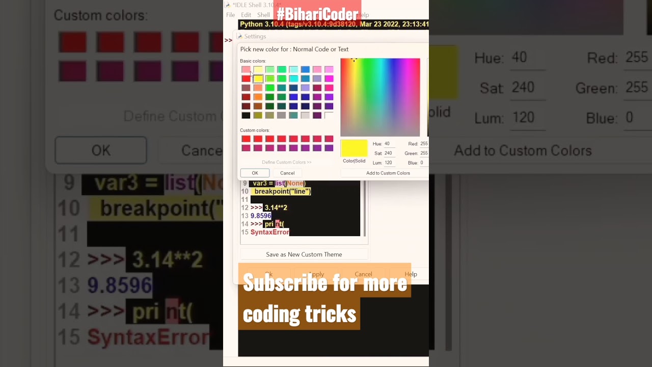 Change colors of Python | Python idle color change | #codersadda #python #shorts