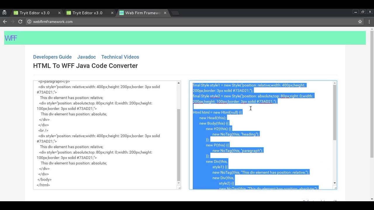 Refactored Java Option in HTML to WFF Java Code Converter