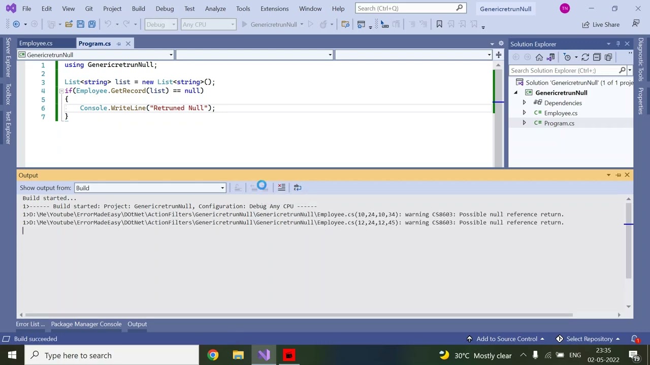 Solved: Cannot convert null to type parameter 'T' because it could be a no-nullable value type.