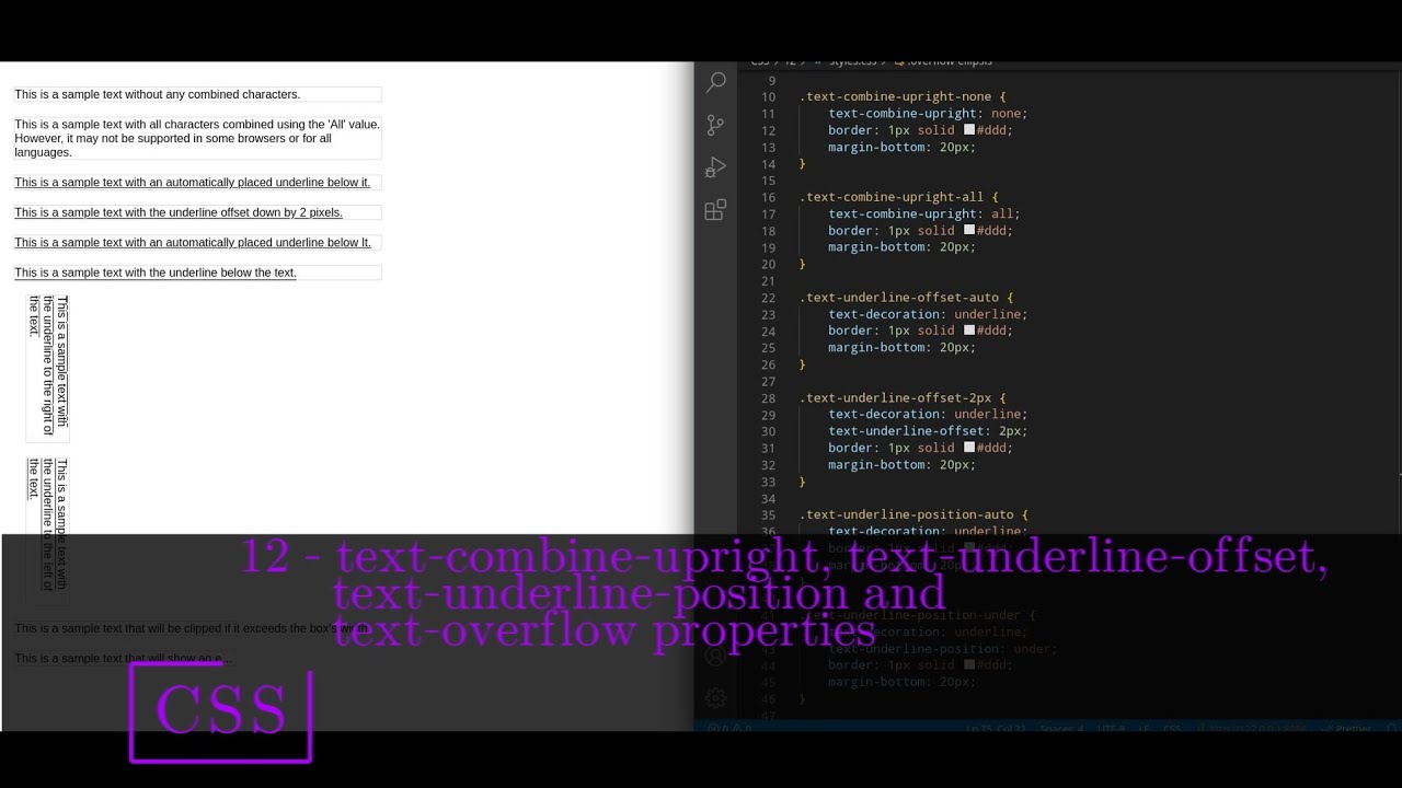CSS 12 💻 text combine upright, text underline offset, text underline position and  text overflow pro