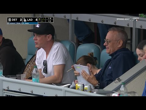 Tom Hanks seems to be keeping score of Tigers vs. Dodgers on Opening Day 📝 | ESPN MLB