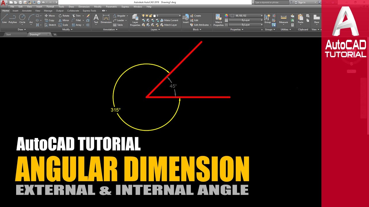 AutoCAD Tutorial - Angular Dimension - External and Internal Angle