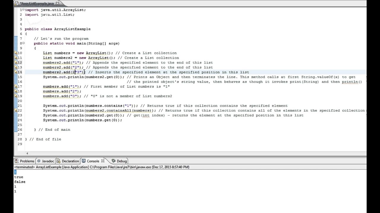 Java tutorial in Eclipse - ArrayList example 2 (with lots of comments)