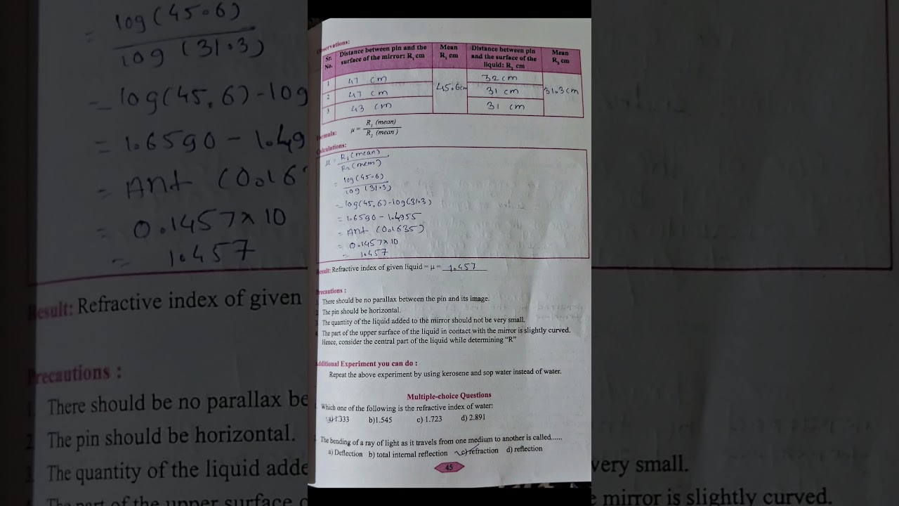 Class 11 physics practical experiment no.8 R.I.of A Liquid By Concave Mirror