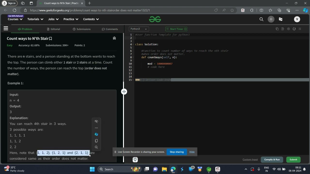 Count ways to N'th Stair GFG POTD Python Solution geeks for geeks problem of the day