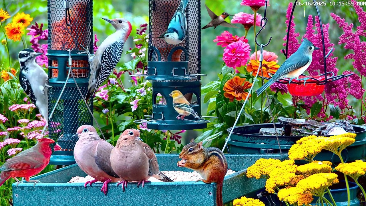 🔴LIVE Cottage Spring Bird Feeder: Cardinals, Woodpeckers, Goldfinches, Nature Sounds, Sleep, Cat TV