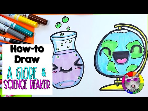 How To Draw a Cartoon Globe and Science Beaker for KIDS!