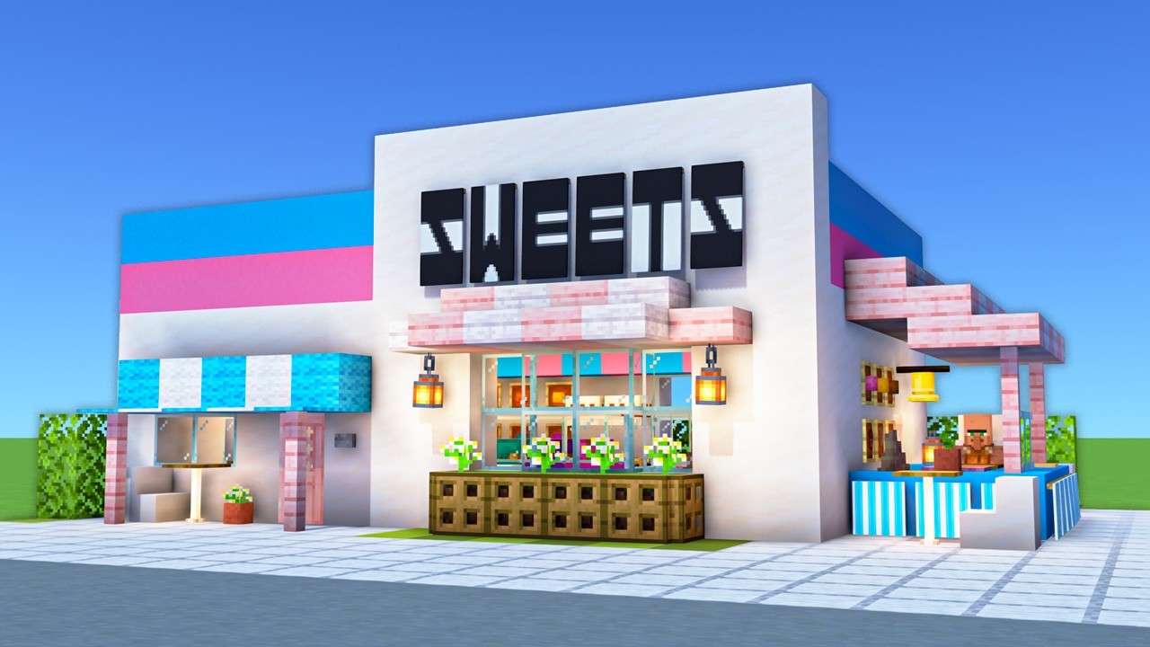 Minecraft Tutorial: How To Make A Sweet Shop | Candy Store Including Interior - Minecraft Builders