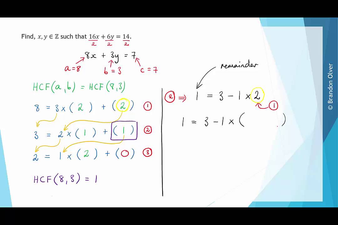 Using the Euclidean algorithm to find solutions to linear Diophantine equations - Ex 1