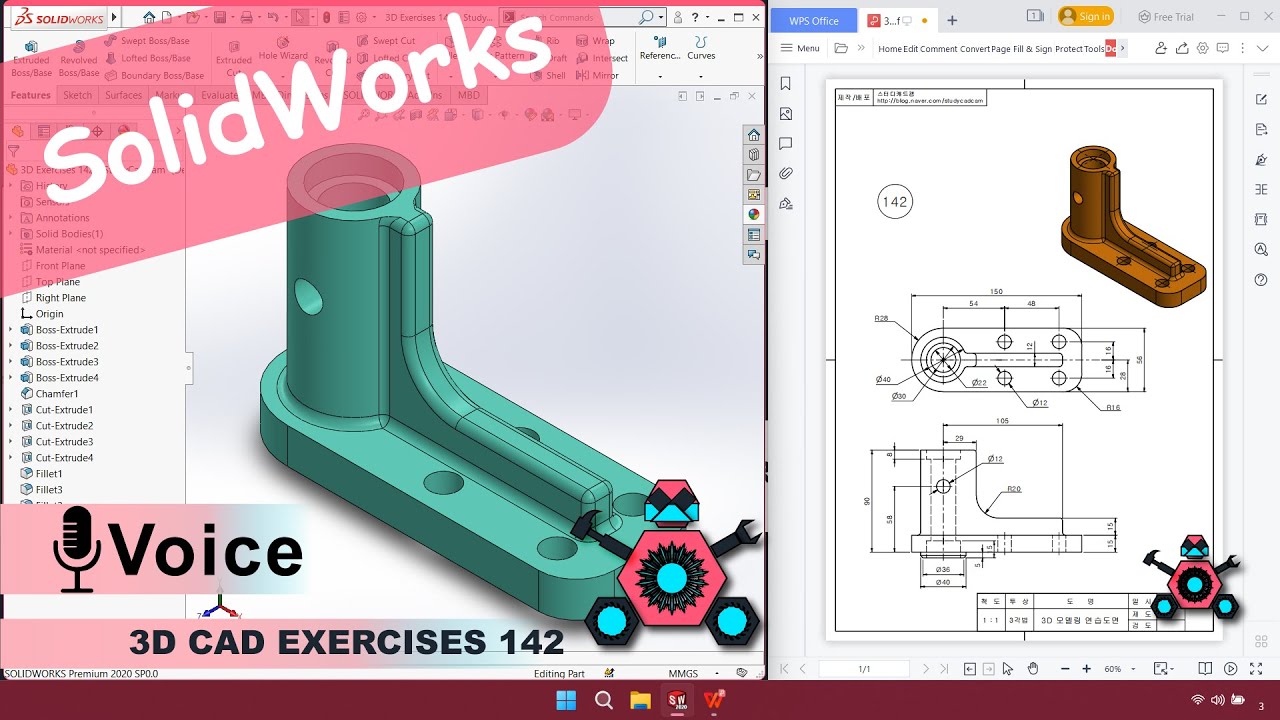 SolidWorks | 3D CAD EXERCISES 142 | StudyCadCam | Solution Tutorial |