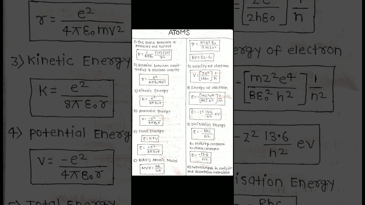 ⚛ATOMS⚛ CLASS 12 PHYSICS FORMULA NOTES✔✔