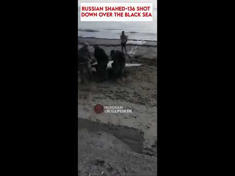 Ukrainian forces recover a Russian Shahed 136 shot down over the Black Sea near Kobleve, Mykolaiv Ob