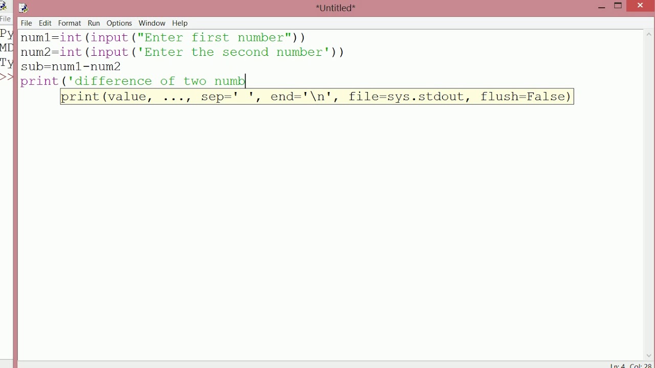 Program to find difference  two numbers in Python by User Input