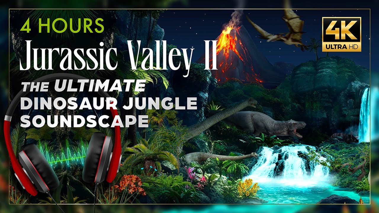 Jurassic Jungle Ambience - Dinosaur 3D Soundscape - Focus, Relaxation, Deep Sleep | 4k  🦖🦕🌋