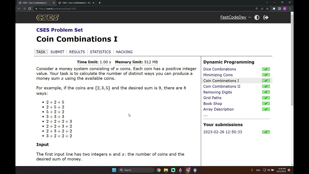 CSES Coin Combinations I | Dynamic Programming | C++ Solution | another simple DP problem