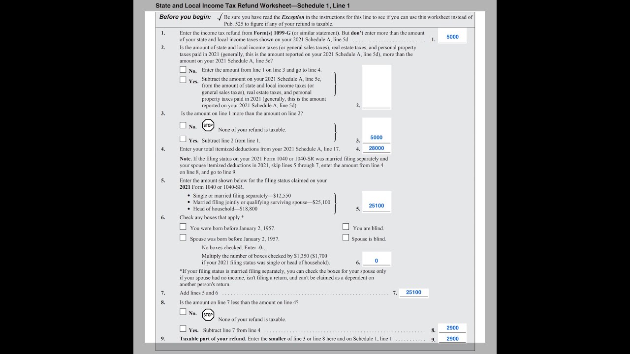 State and Local Income Tax Refund Worksheet Walkthrough (IRS Schedule 1)