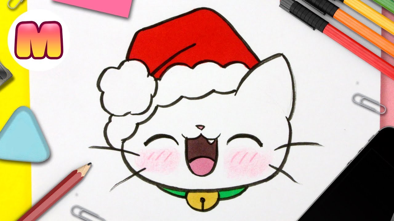 HOW TO DRAW A KAWAII CHRISTMAS CAT - Easy Kawaii Drawings - Learn to Draw Kawaii Animals