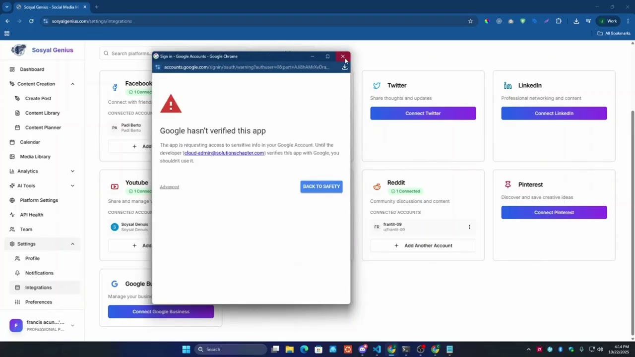 Sosyal Genius – Google Cloud OAuth Verification Demo | App Functionality & Consent Flow