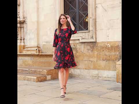 Black & Red Floral Print Tie Waist Ruffle Hem Dress