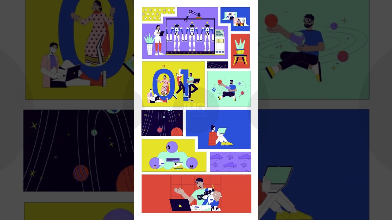 Robotics, AI and digital innovation bento grid vertical animation