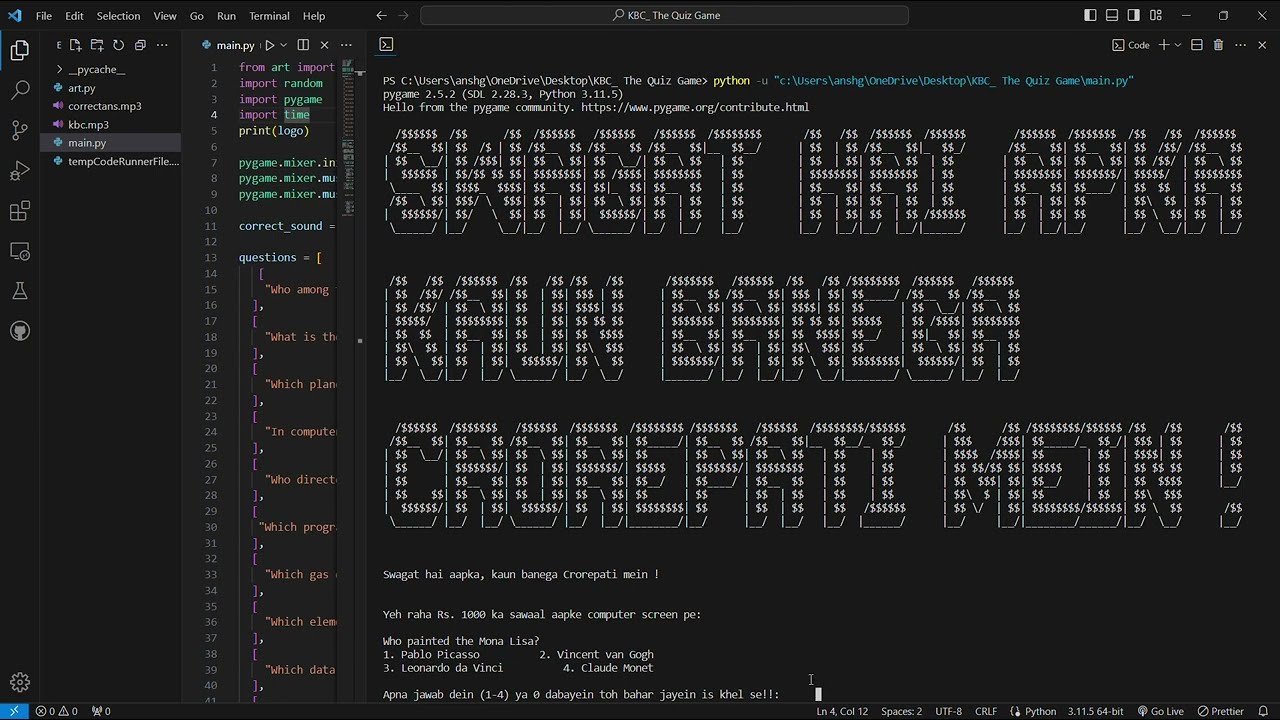 KBC The Quiz Game using Python | WITH SOURCE CODE | BEGINNER