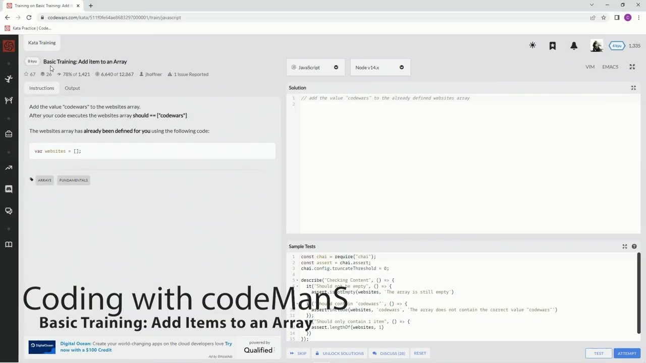 Codewars 8 kyu Basic Training: Add Item to an Array Javascript