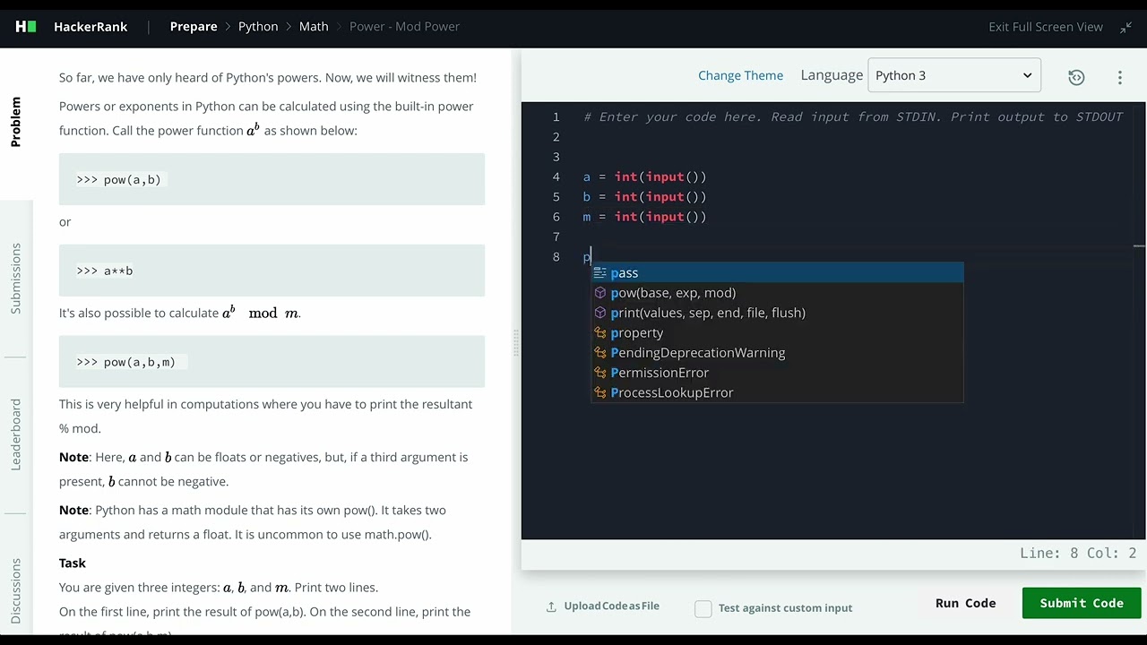 Hackerrank Python Solution #4 Math - Python: Power - Mod Power