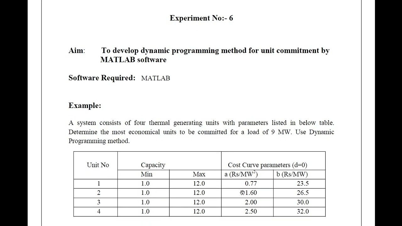 Exp. No:- 6   To develop dynamic programming method for unit commitment by MATLAB software