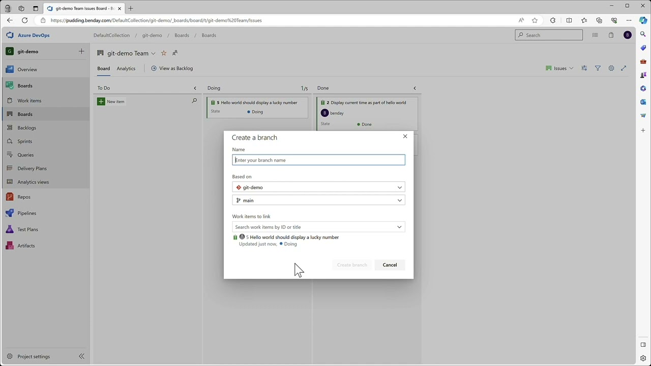 Azure DevOps: Git Pull Requests (Part 1 of 2), Create a Branch from a Work Item