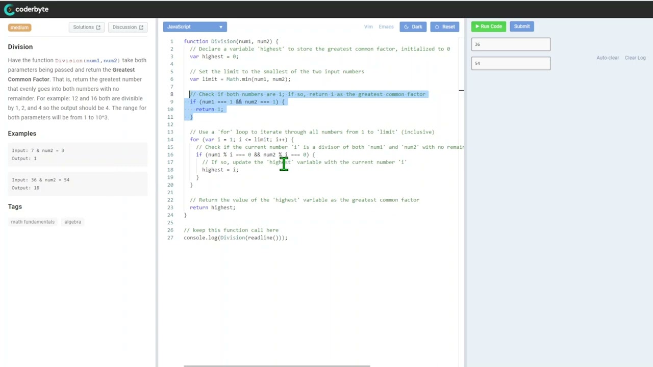 Division - Interview assessment Coderbyte - Code challenge - Solution Source Code Answers