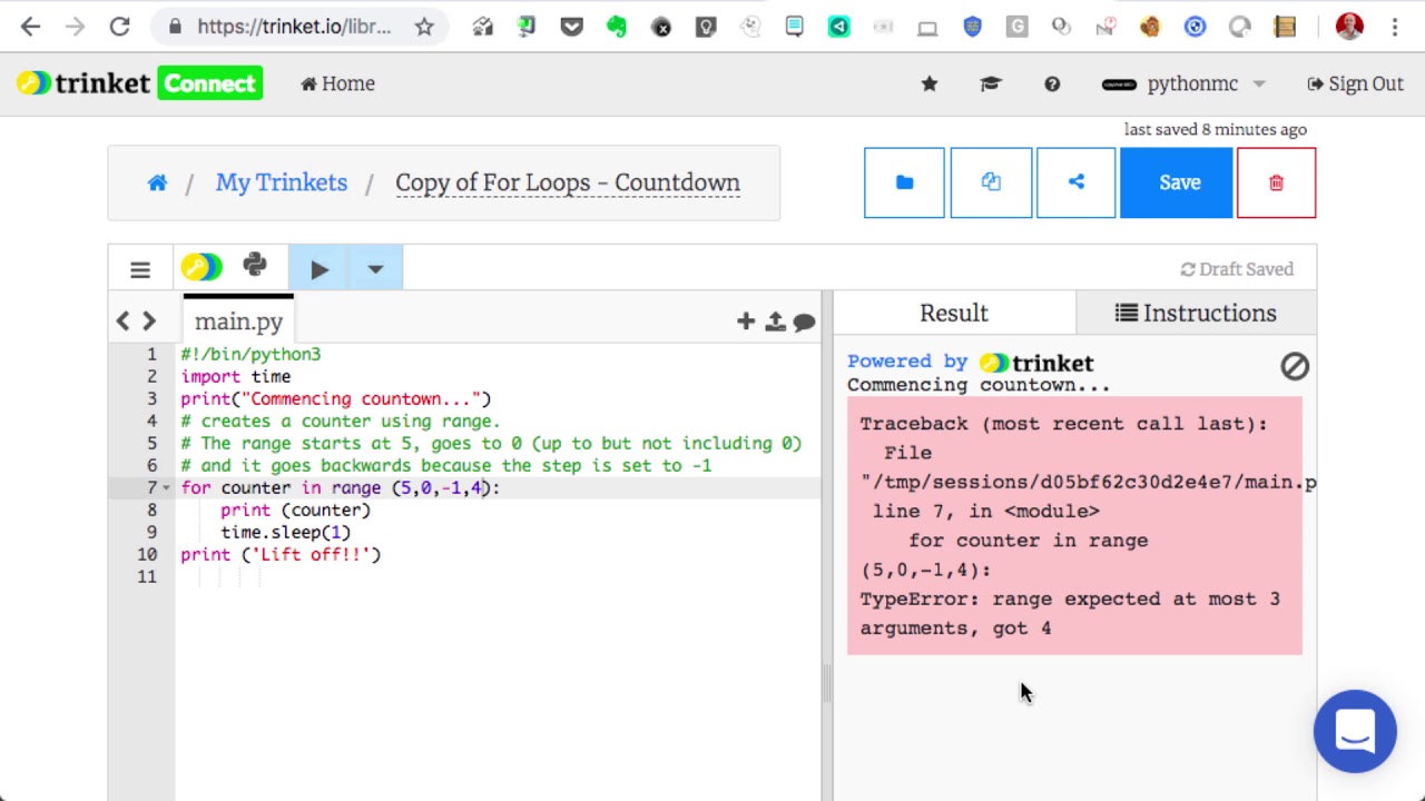 L2 wk2 Breaking code - For loop with range function