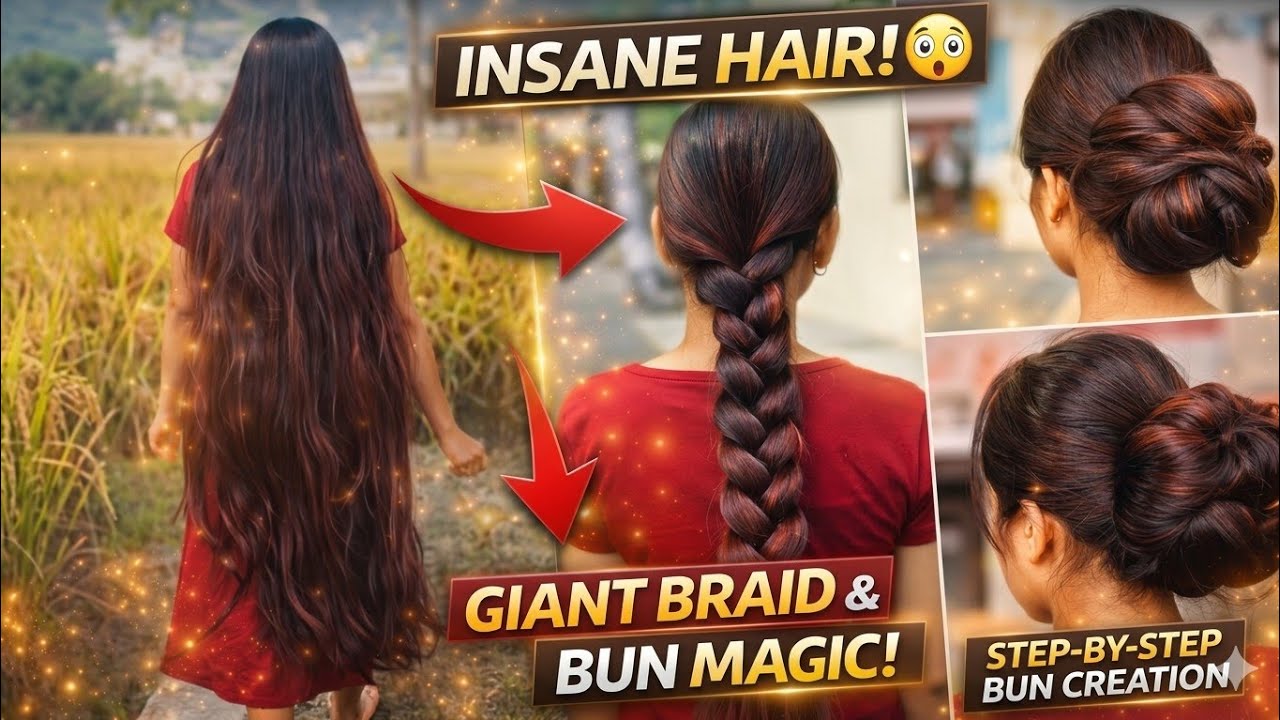 unbelievable dark auburn floor length hair 😍 huge bun, thick braid & massive ponytail transformation