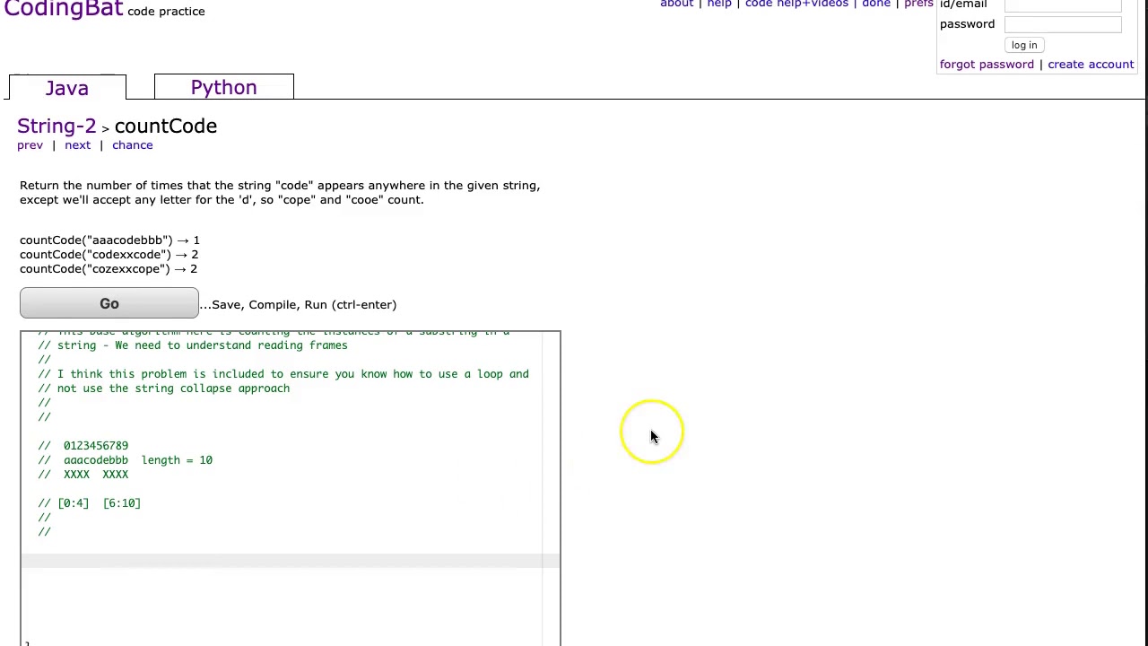 Codingbat - countCode (Java)