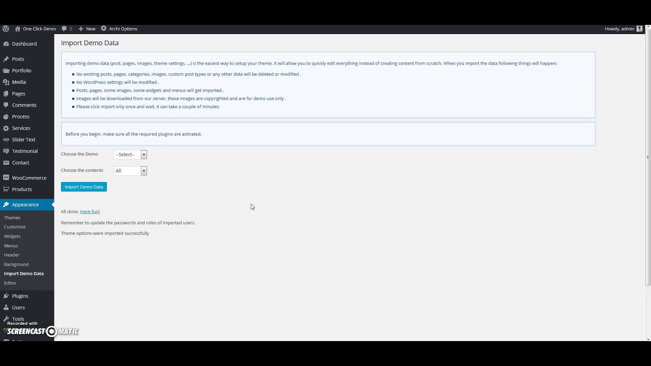 One click import demo content Archi WordPress Theme