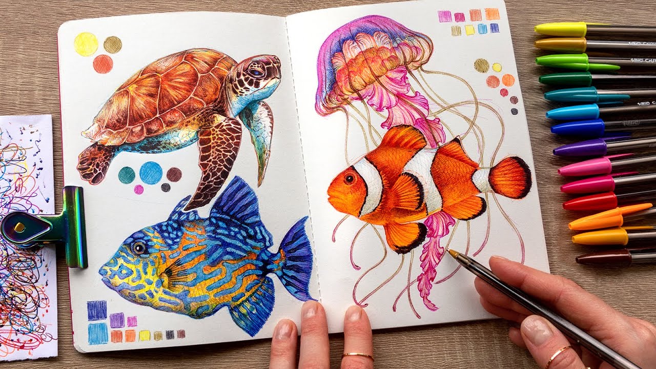Drawing sea life with colored ballpoint pens 🐠 (no music, no talking)