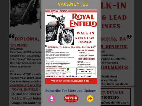 Tamil Nadu Job l Chennai Job l Fresher Job l Royal Enfield l #jobs #jobsearch #jobvacancy #yt #job