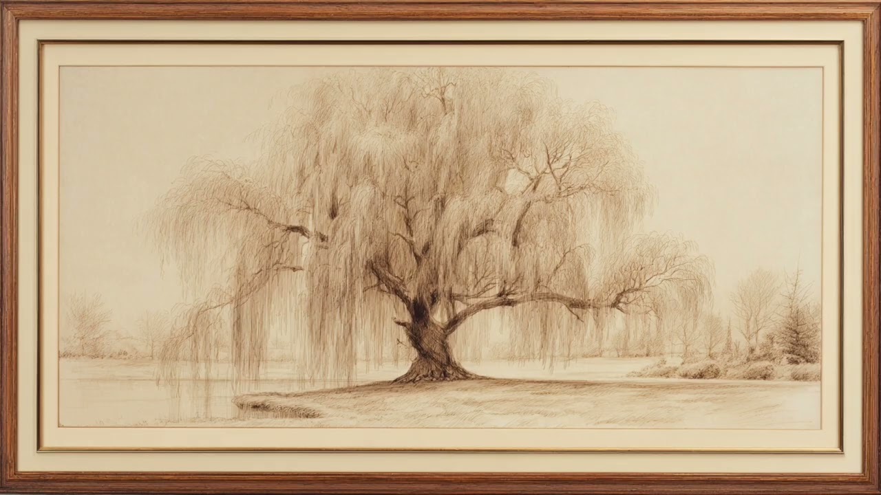 Vintage Styled Neutral Willow Tree Sketch - Framed TV Art