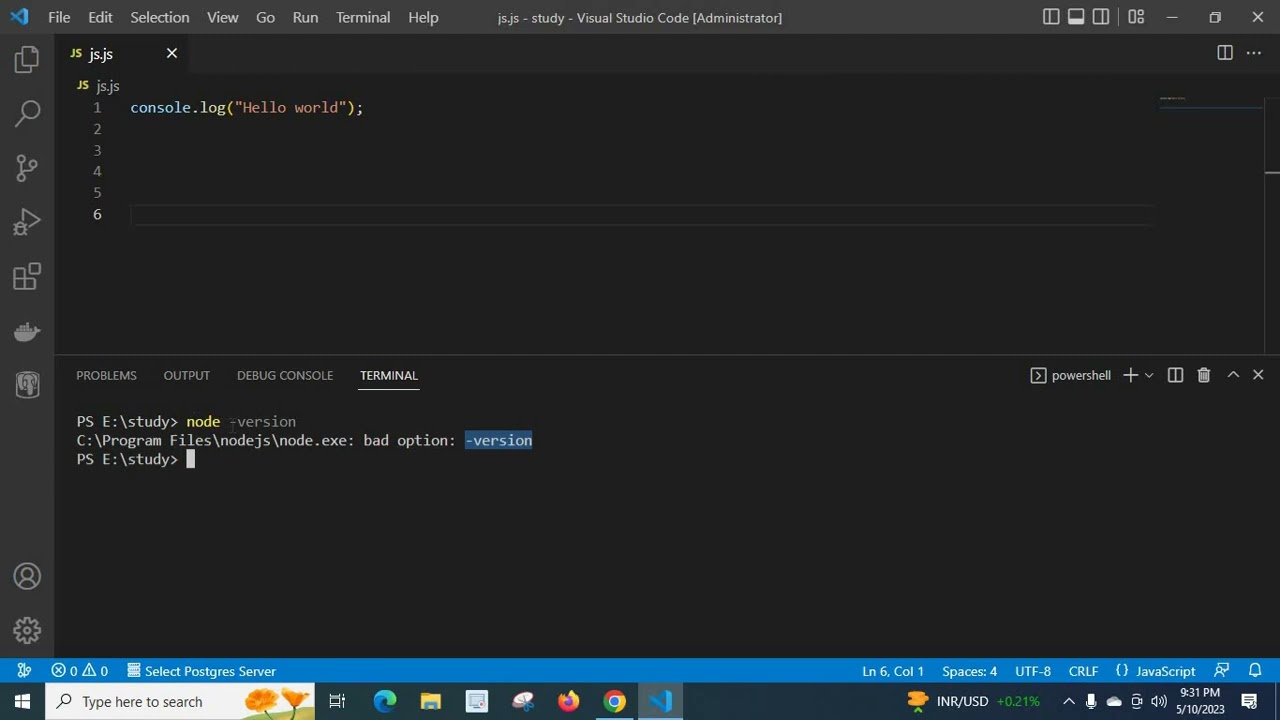 nodejs node.exe: bad option: -version  error fixed with example