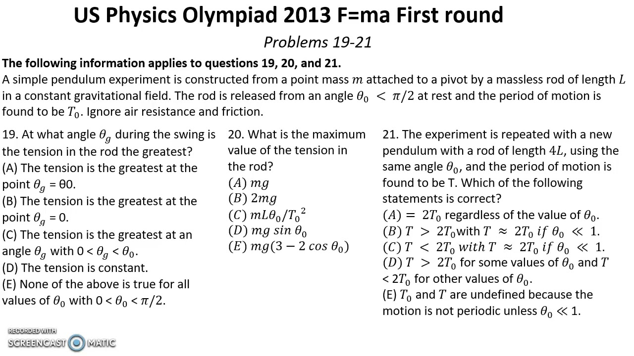 US F=ma Physics Olympiad 2013. First Round. Problems 19-22 of 25. Mechanics