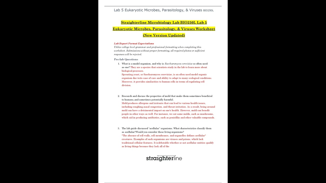 Straighterline Microbiology BIO250L Lab 5 Eukaryotic Microbes, Parasitology, & Viruses Worksheet Que