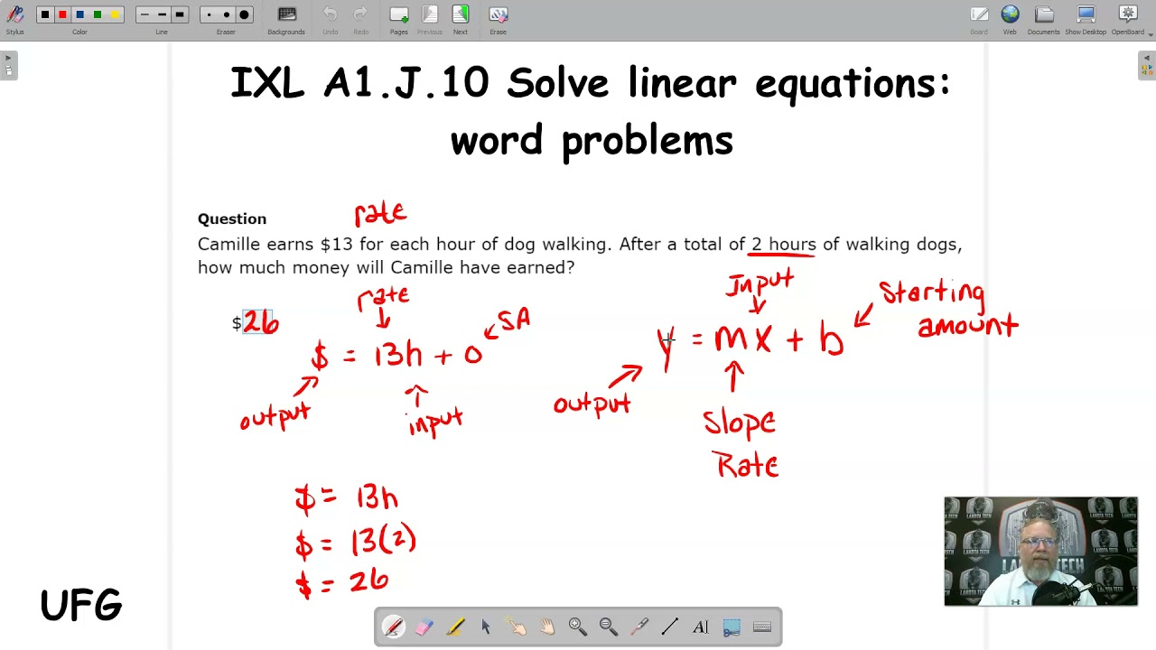 IXL A1.J.10 Solve linear equations  - word problems (UFG)