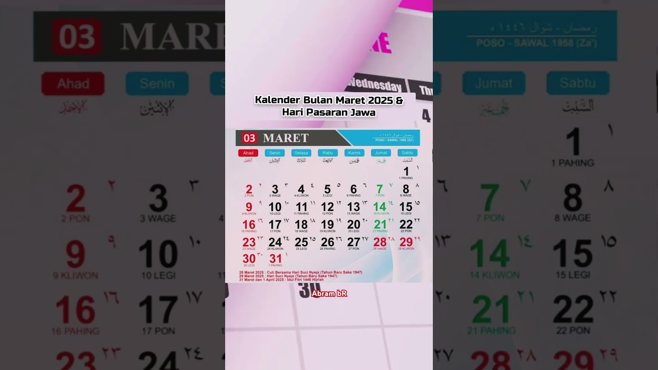 Kalender Bulan Maret 2025 dan Hari Pasaran Jawa